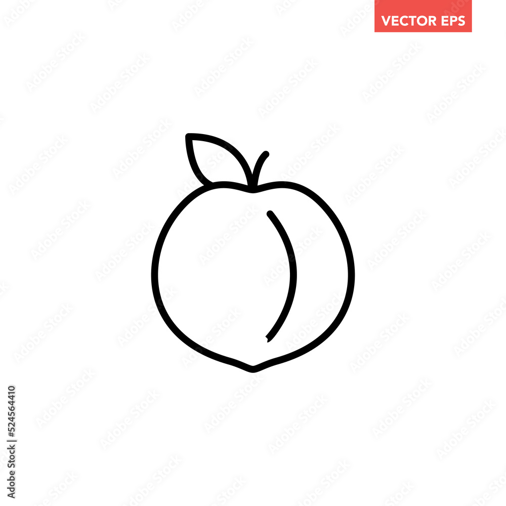 Black single peach line icon, simple fresh tasty fruit flat design ...