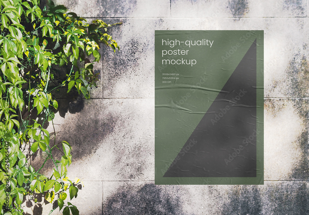 Glued Outdoor Poster on Concrete Wall Mockup Stock Template | Adobe Stock