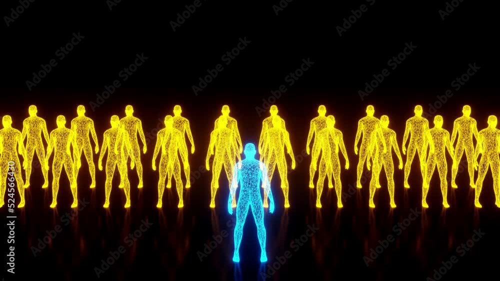 Military formation of wireframe male human bodies appearing behind ...