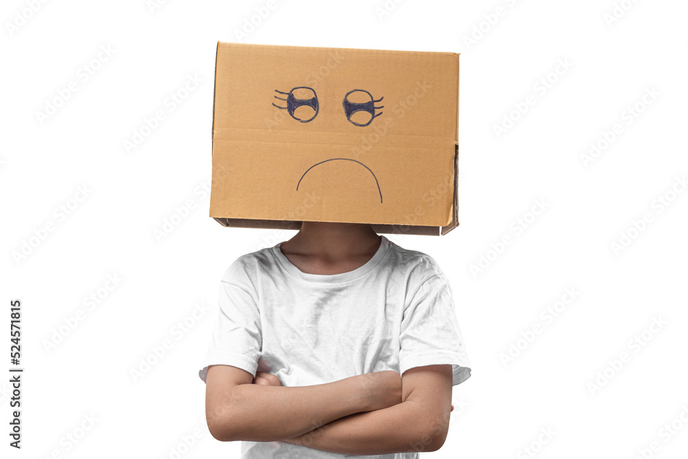 Child girl wearing emoticon face boxes on their head on transparent ...