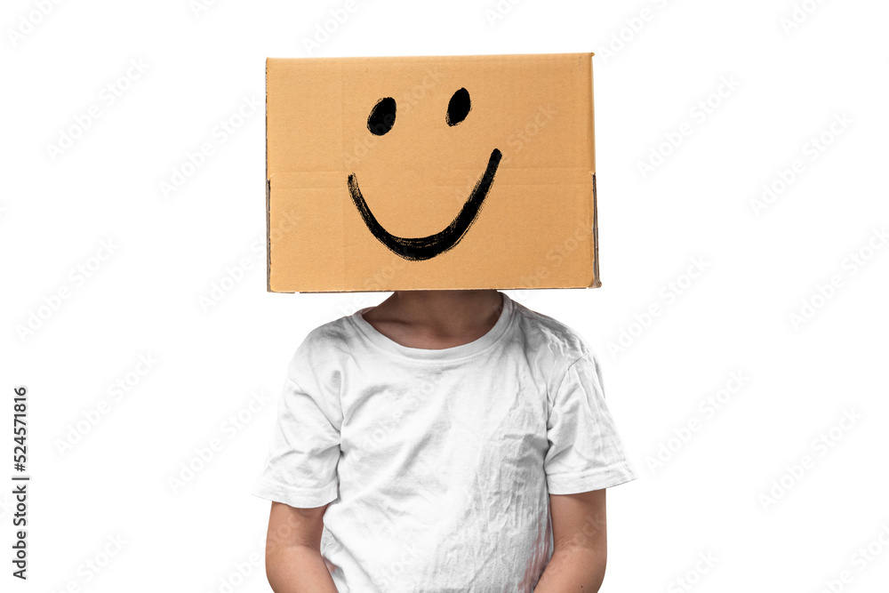 Child girl wearing emoticon face boxes on their head on transparent ...