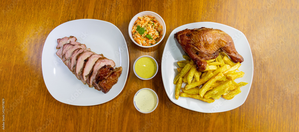 Pollo al cilindro, Chancho o cerdo al cilindro, arroz chaufa, papas ...