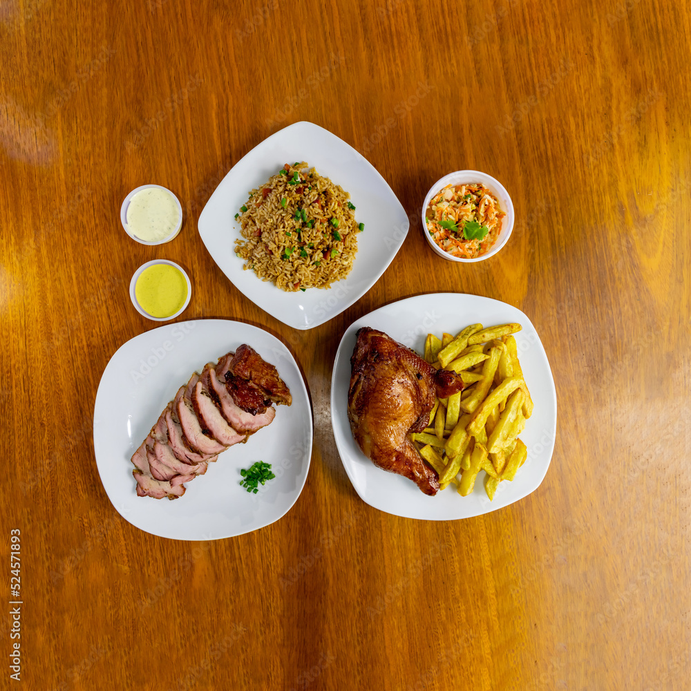 Pollo al cilindro, Chancho o cerdo al cilindro, arroz chaufa, papas ...
