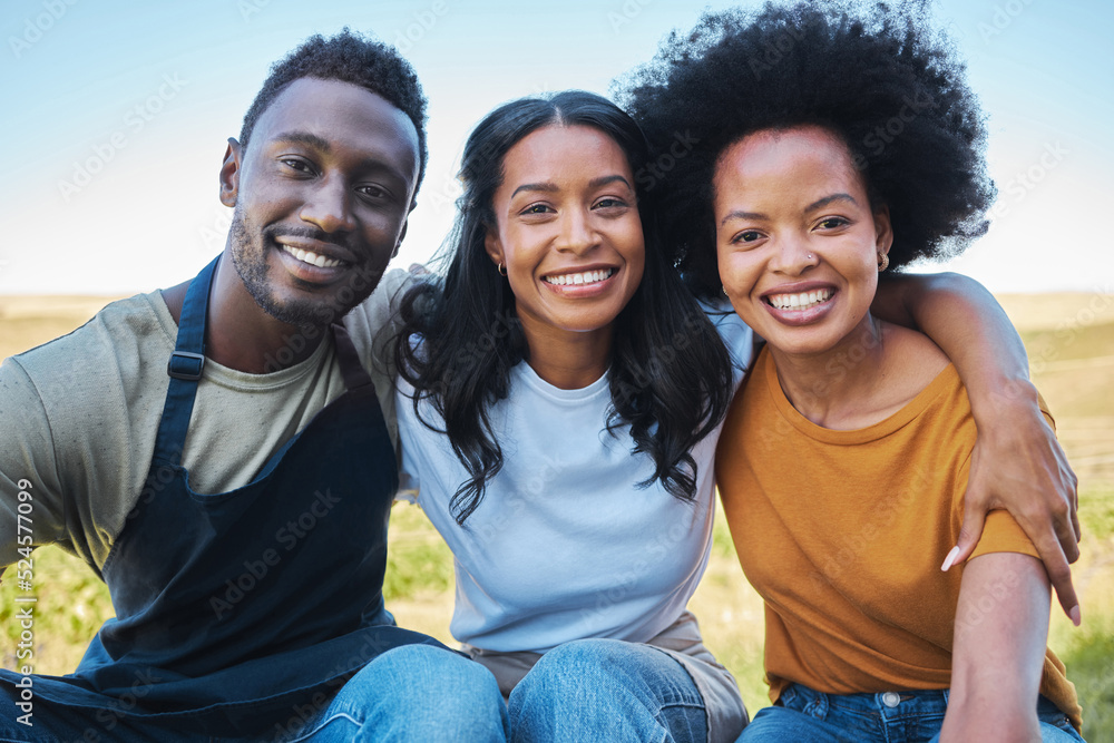 Diversity, black afro friends hugging, bonding and smile together ...