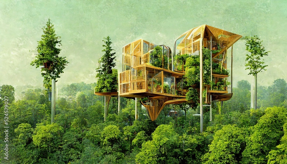 Spectacular image of a sustainable tree house surrounded by greenery in ...