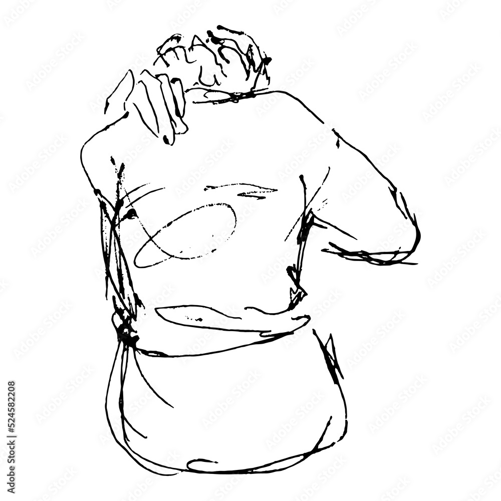 Seated person from back. Hand drawn linear doodle rough sketch. Black ...