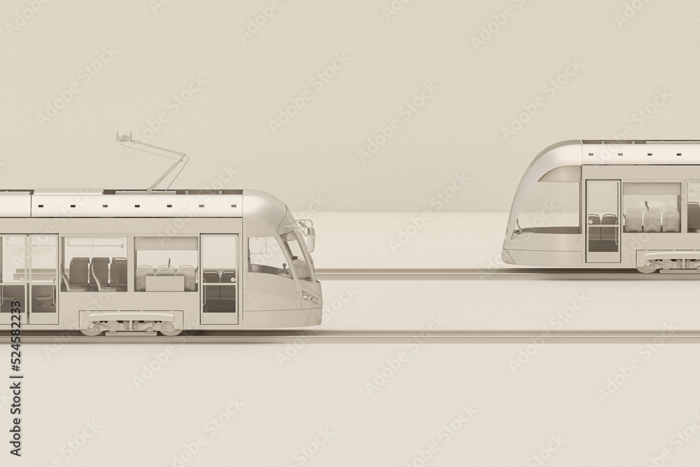 3d bullet train, silver sky train transport on pastel beige background ...
