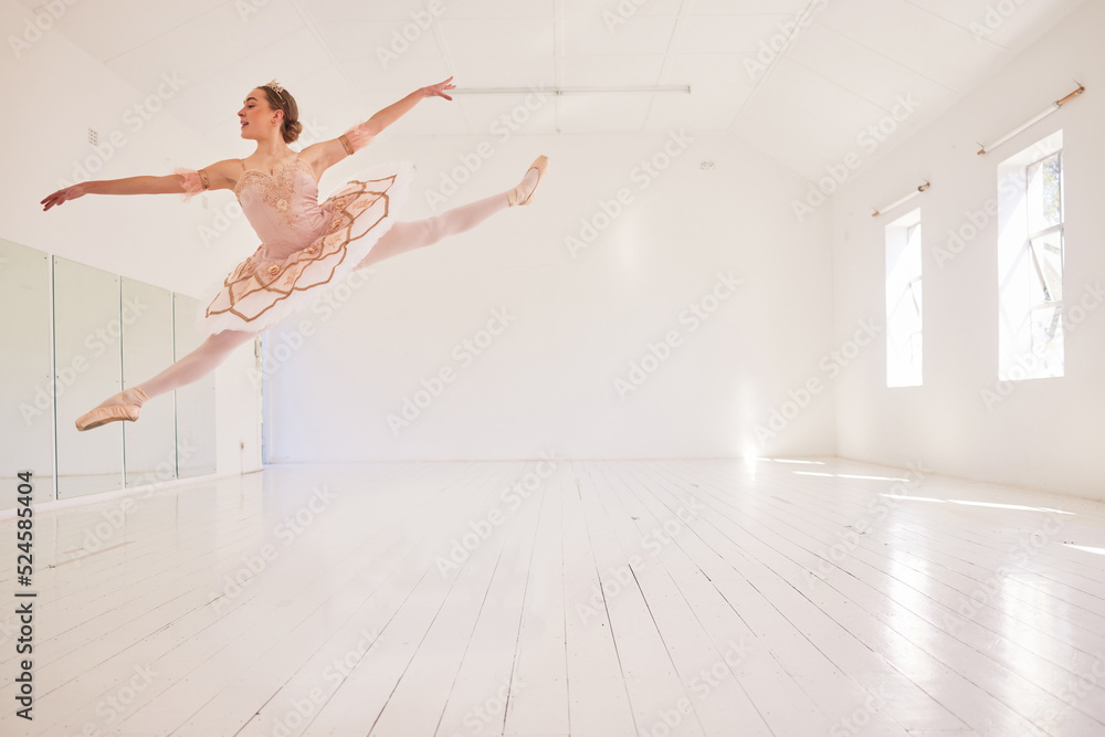 Ballet, dance and jumping in studio with classy performance and agility ...