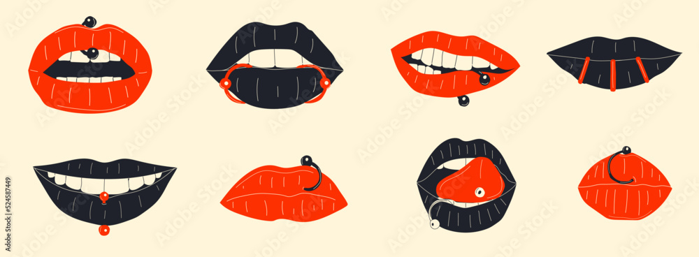 Lips piercing vector set in cartoon style. All elements are isolated ...