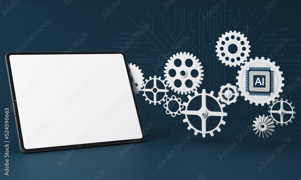 Artificial intelligence web banner. of a processor chip and tablet. The ...