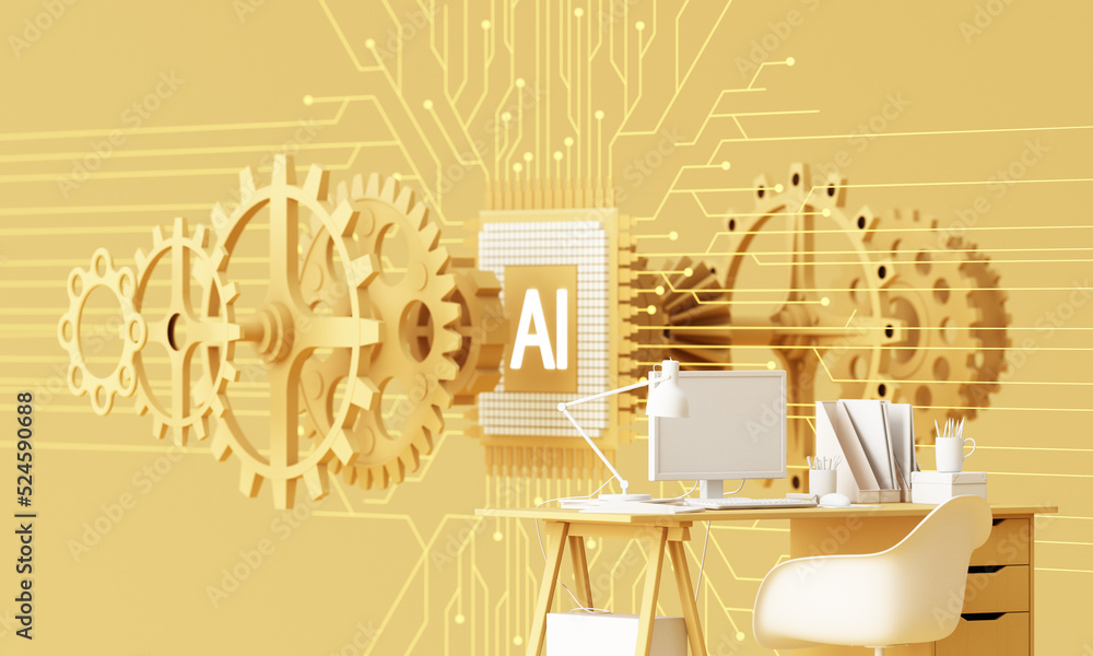 Yellow work desk with laptop computer In the future that works with ...