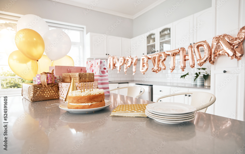 Birthday, kitchen and cake stand with balloons for house party. Happy ...