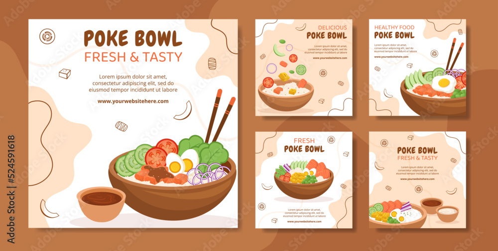 Poke Bowl Food Social Media Post Template Hand Drawn Cartoon Flat ...