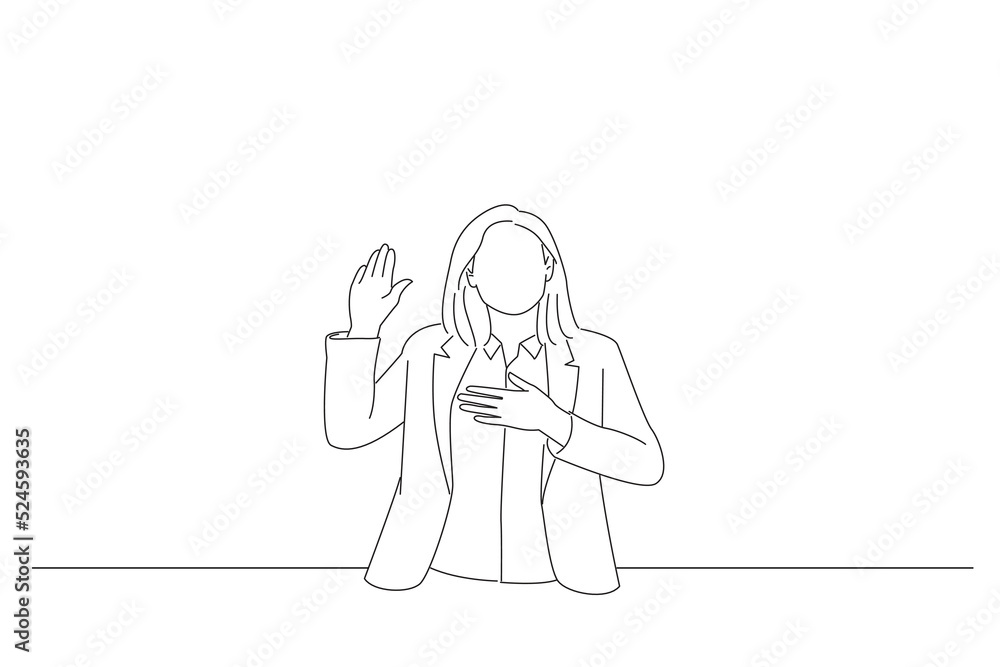 Illustration of young woman wearing business style with hand on chest ...