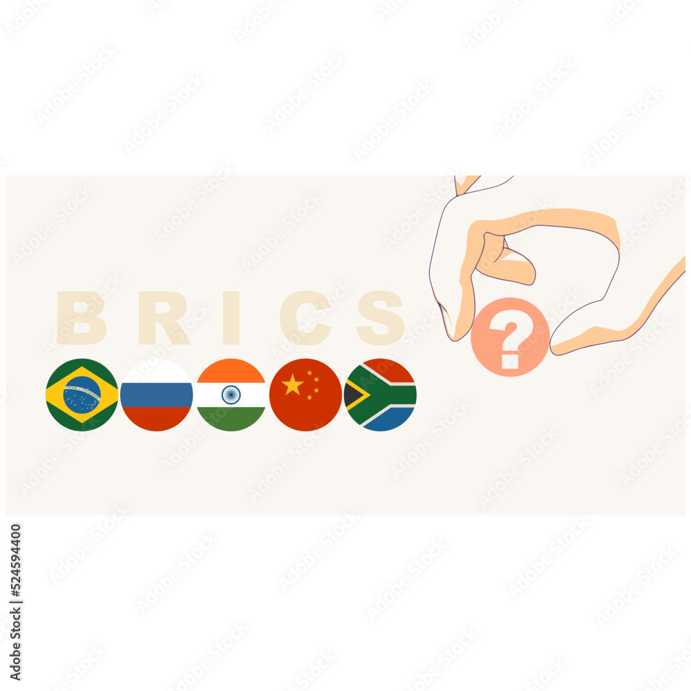 BRICS union members national flags with unknown one new member. Brazil ...