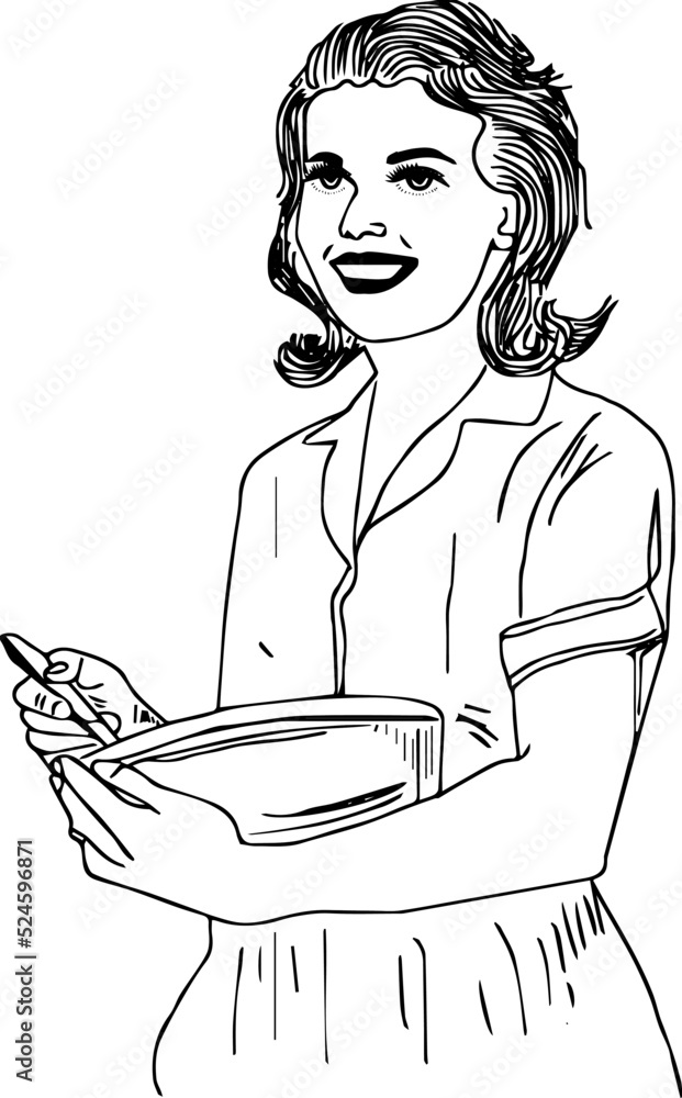 Smiling girl preparing food cartoon drawing, woman in kitchen line art ...