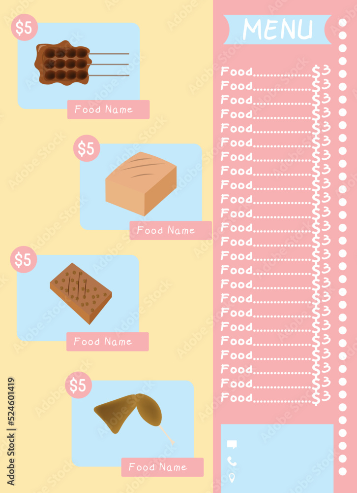 street food menu pastel color templete pink yellow blue food price list ...