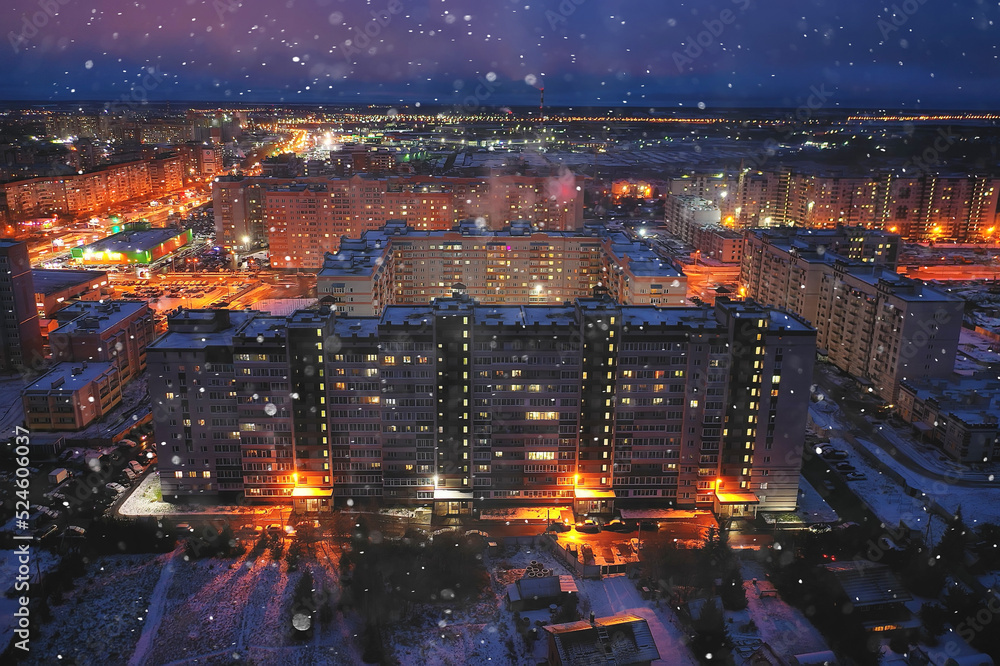 night city top view winter, architecture top roof facade lights Stock ...