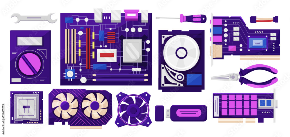 PC parts. Computer repair. Fix hard ram. Hardware bg. Flat lay sata ...