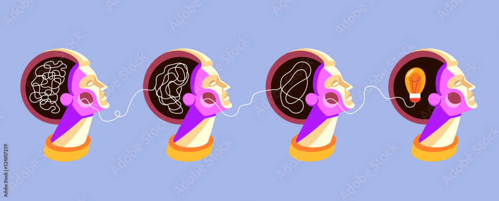Brain mind in head. Complex of difficult ideas. People chaos thinking ...