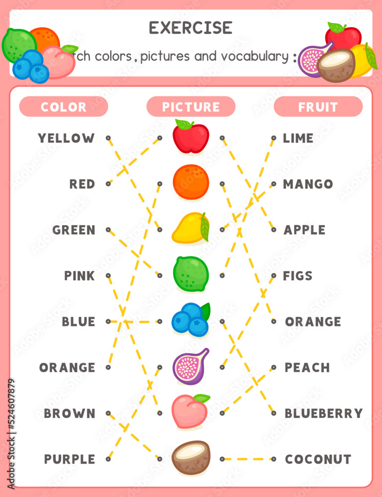 Draw a line matching the words and picture about fruits exercises sheet ...