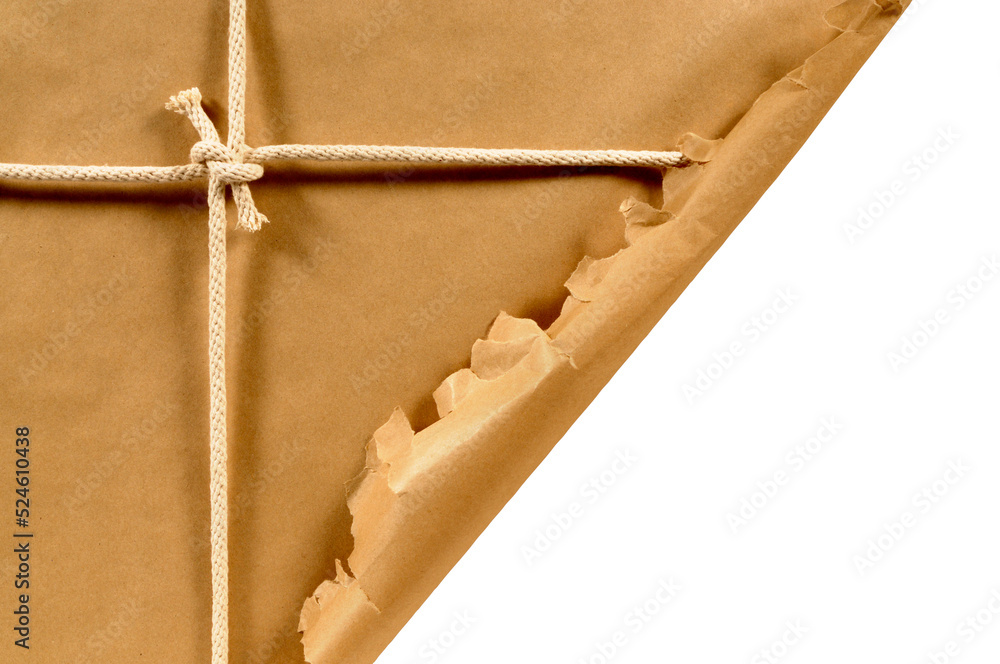Torn open parcel or brown paper package with string transparent ...