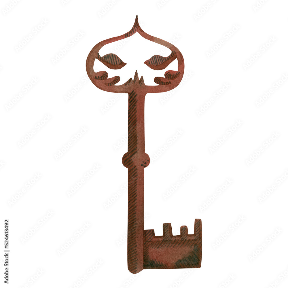 Watercolor carved key. Hand drawn illustration isolated on white ...