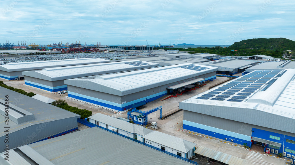 Top view Solar Cell on Warehouse Factory. Solor photo voltaic panels ...