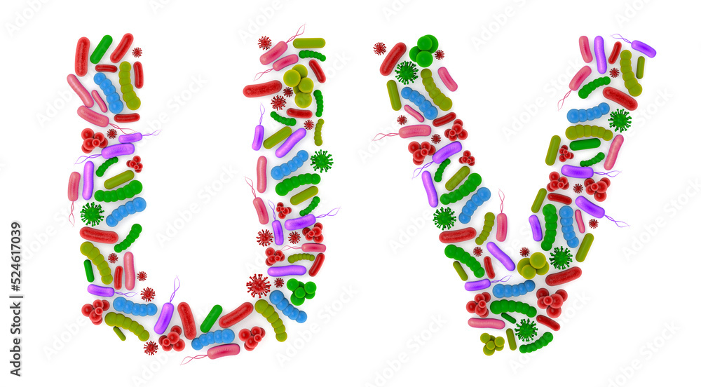 Alphabet U V made of Bacteria isolated on white background, bacteria ...