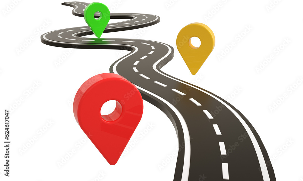 Winding road infographics and map location pin rendering design isolated background Stock ...