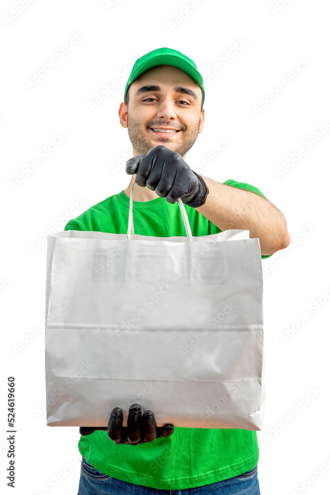 Delivery man with paper bag. Courier in uniform cap and t-shirt, gloves ...