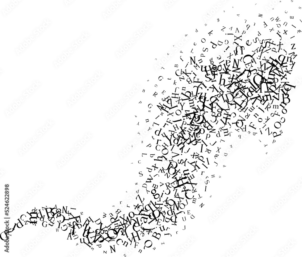Curve line from flying letters. Vector decoration from scattered ...