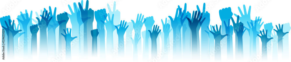 Hands up silhouettes, horizontal border. Decoration element from blue ...