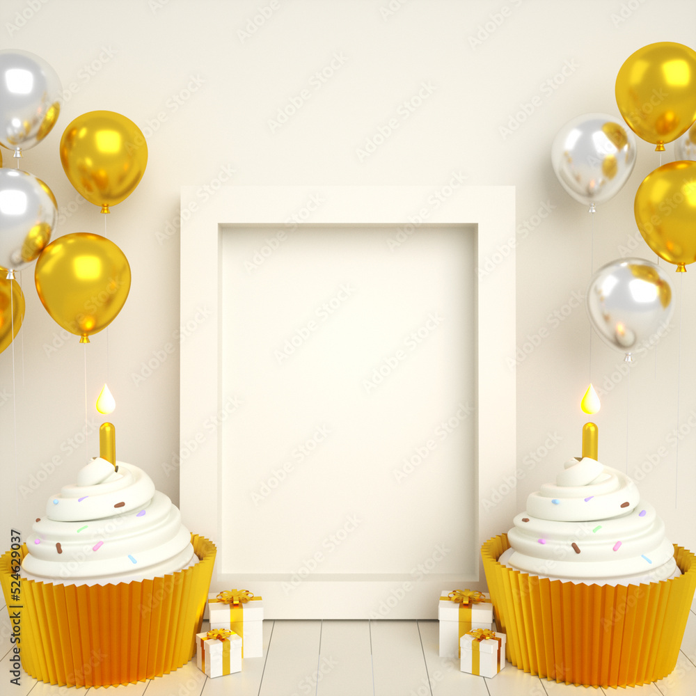 White golden happy birthday cake invitation card banner background with ...