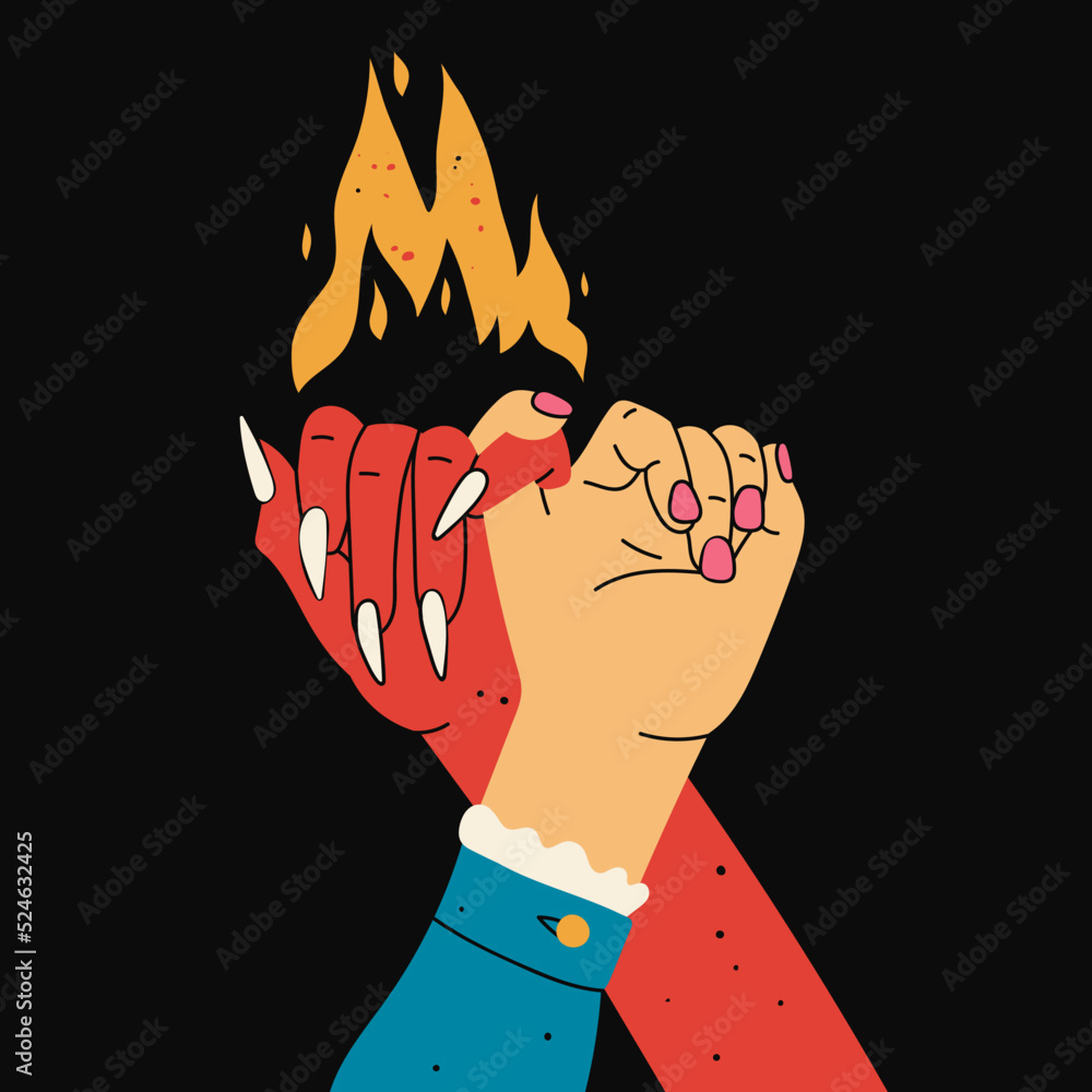 Deal with the Devil. Red demon hand and human hand holding fingers. The ...