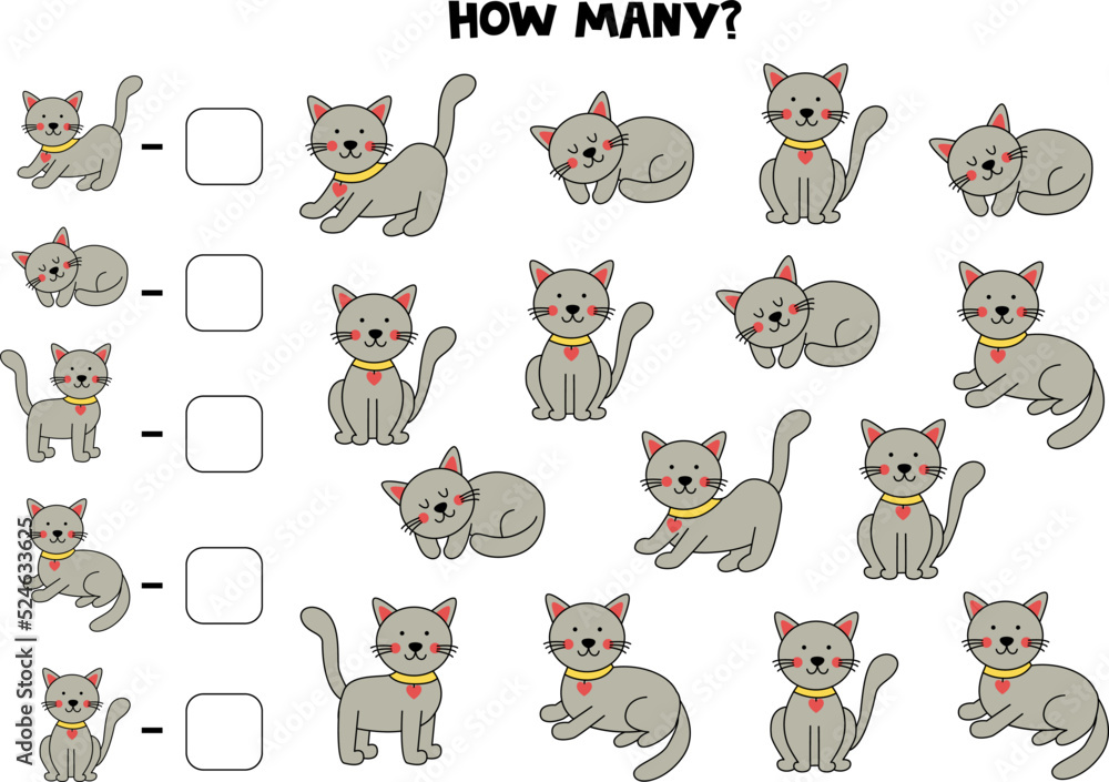 Counting game with cute cats. Math worksheet. Stock Vector | Adobe Stock