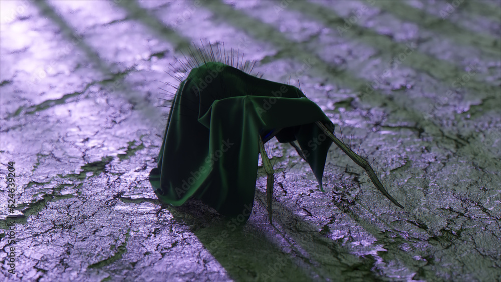 The concept of disguise. A black karakurt in clothes walks on dry ...