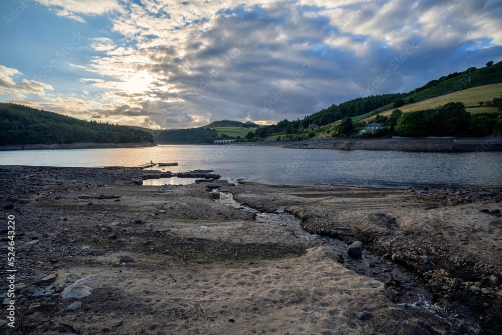 LadyBower Reservoir at low water level in the Peak District, Derwent ...