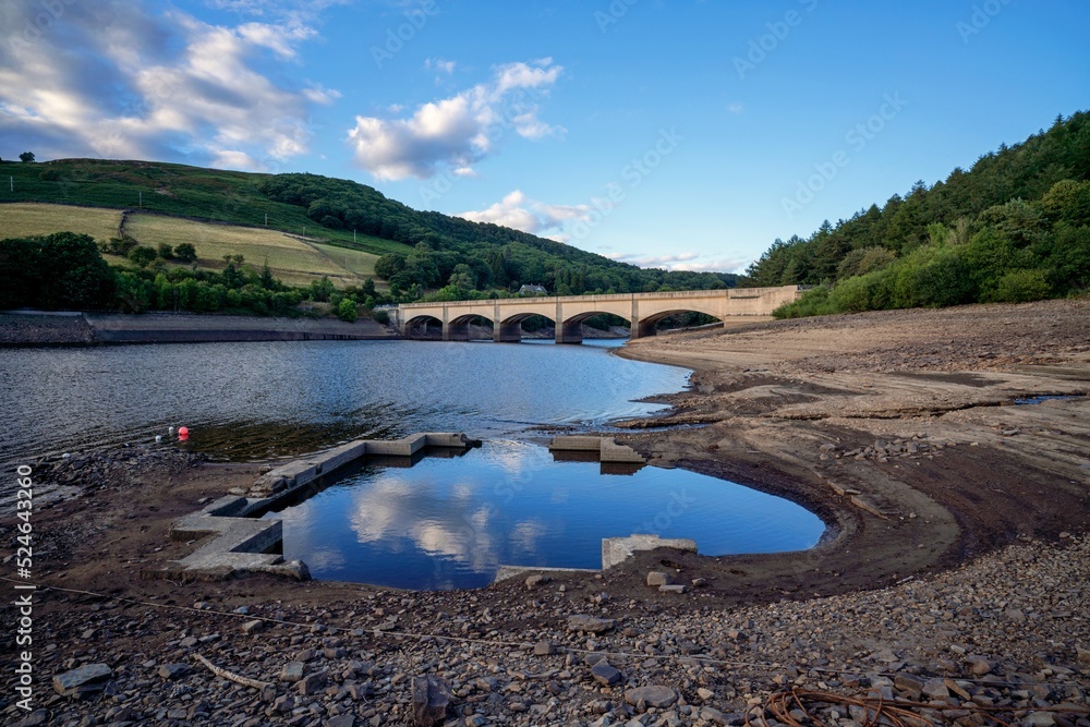 LadyBower Reservoir at low water level in the Peak District, Derwent ...