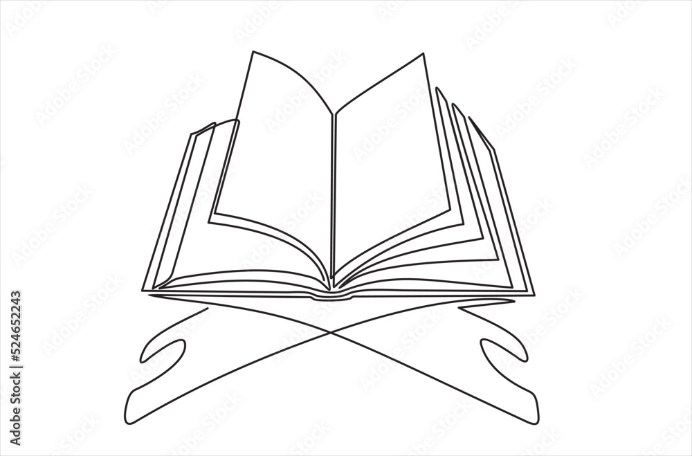Single continuous line drawing of open Quran, holy book muslim, on ...