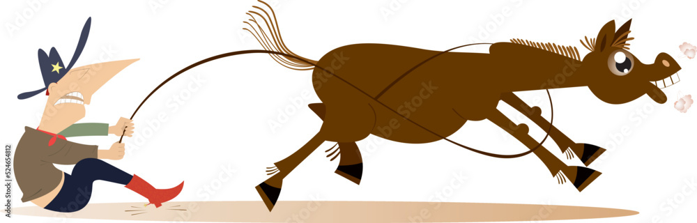 Cartoon rider lassoes a horse. Rodeo. Farmer or cowboy tries to stop ...