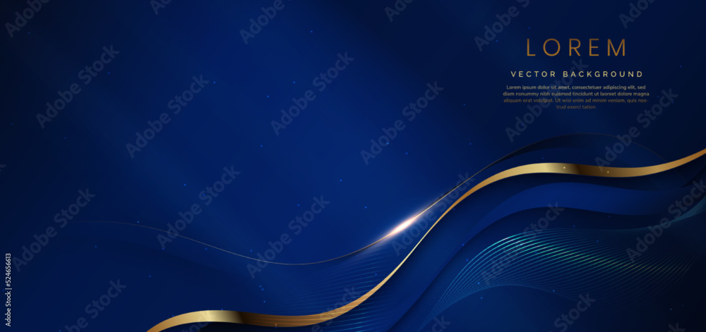 Abstract 3d gold curved dark blue ribbon on dark blue background with ...