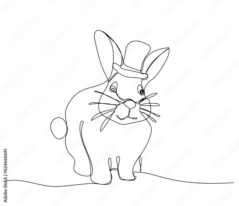 Continuous one line drawing of rabbit with hat. Line art vector ...