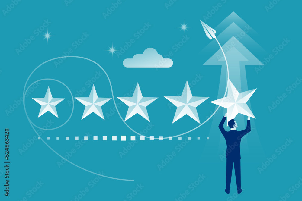 Star rating. Businessman holding a gold star in hand, to give five ...