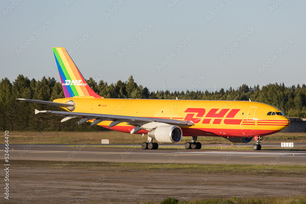 A DHL Airbus A300 cargo aircraft on the ground at Oslo Airport with ...