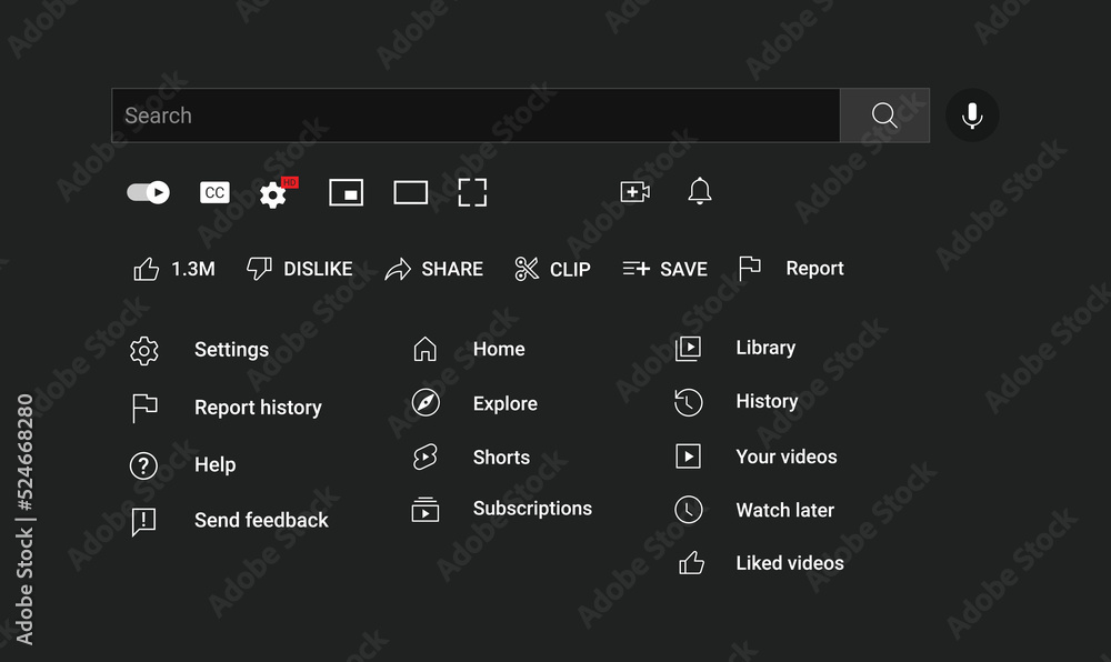 Youtube social media interface icons set. Youtube icons on black ...