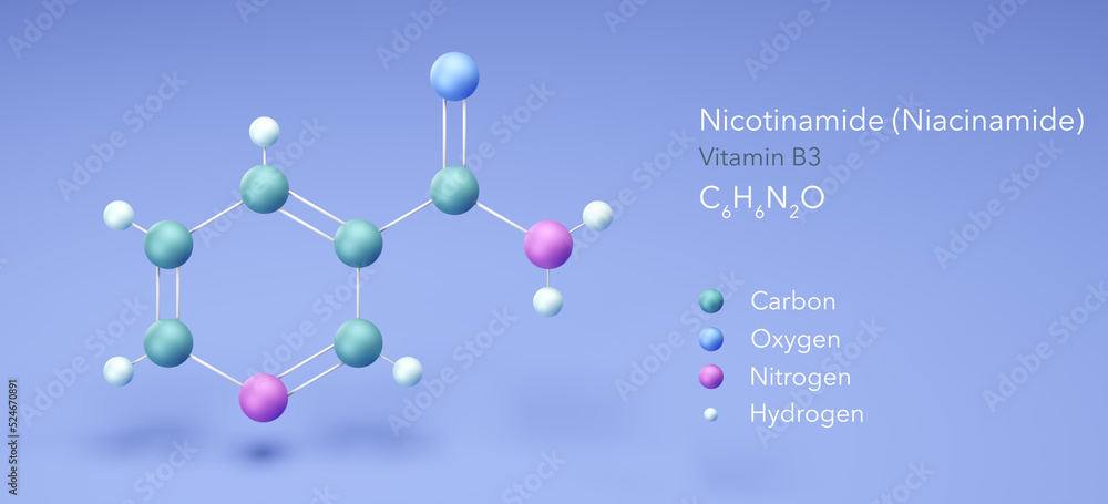 nicotinamide, niacinamide, vitamin b3, molecular structures, 3d model ...