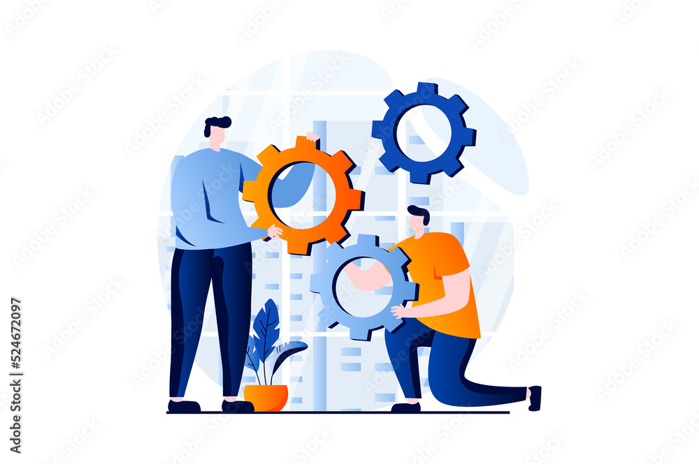 Teamwork concept with people scene in flat cartoon design. Men set up ...