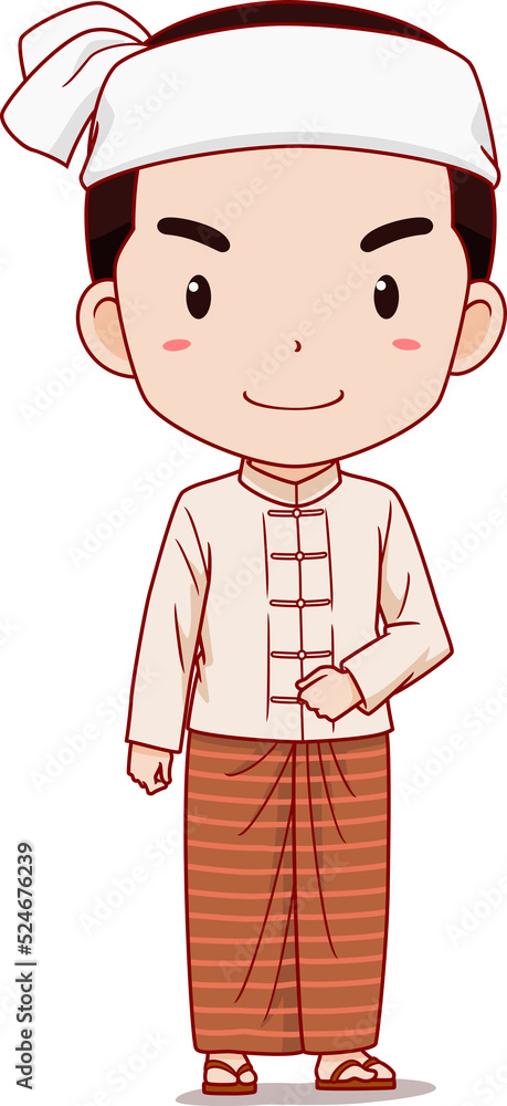 Cartoon Myanmar man in traditional costume. Stock Illustration | Adobe Stock