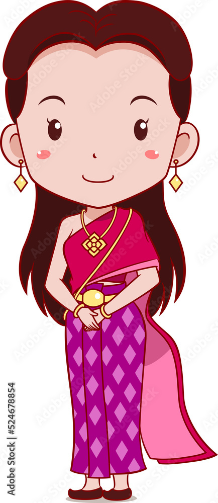 Cartoon Thai girl in traditional costume. Stock Illustration | Adobe Stock